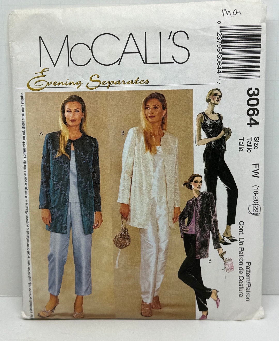 Mccall’s Evening Separates Jacket Tops and Pants Sewing Pattern Ankle ...