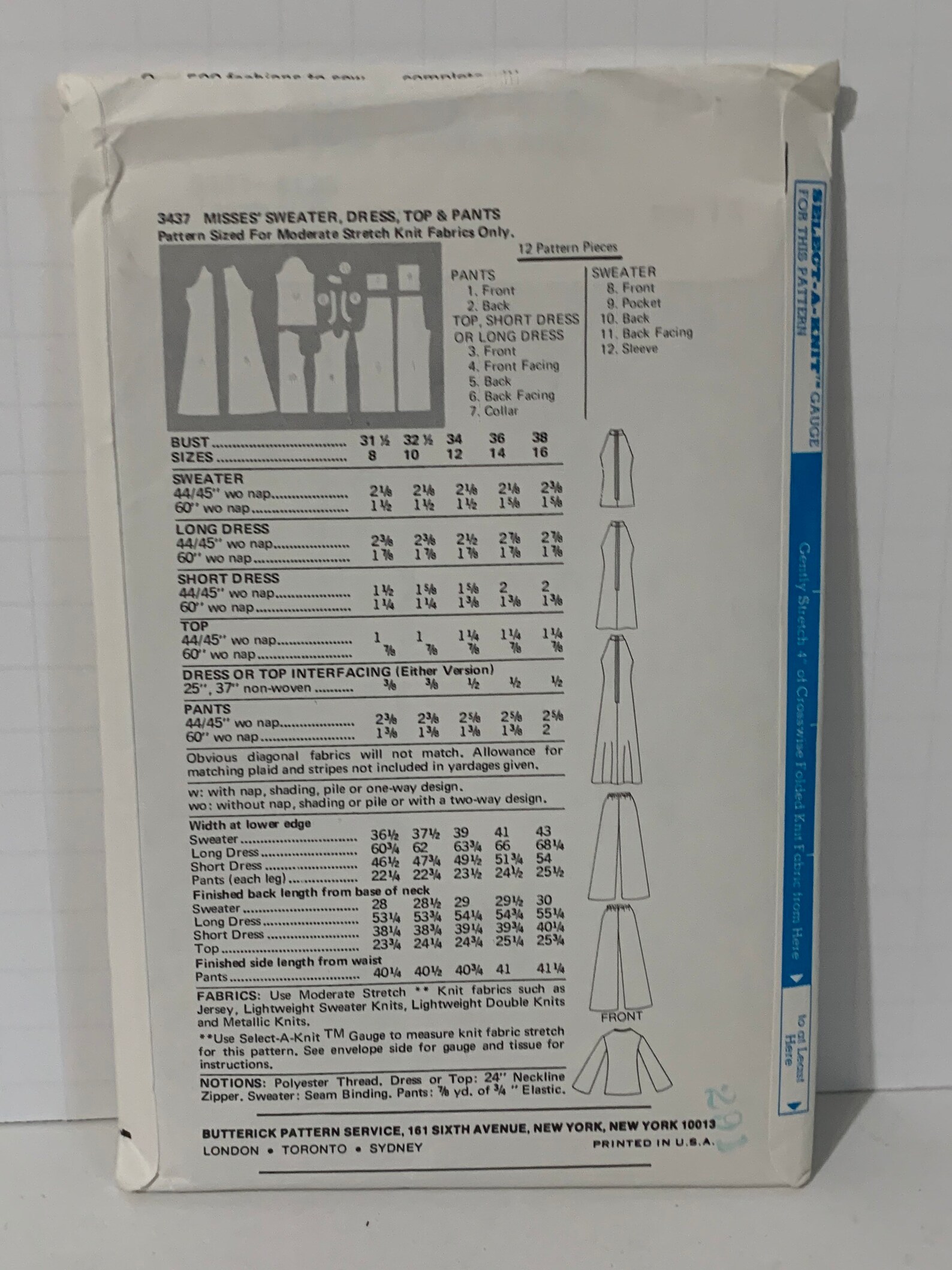 Vintage Butterick 3437 Misses Stretch Knit Dress Top Pants and | Etsy