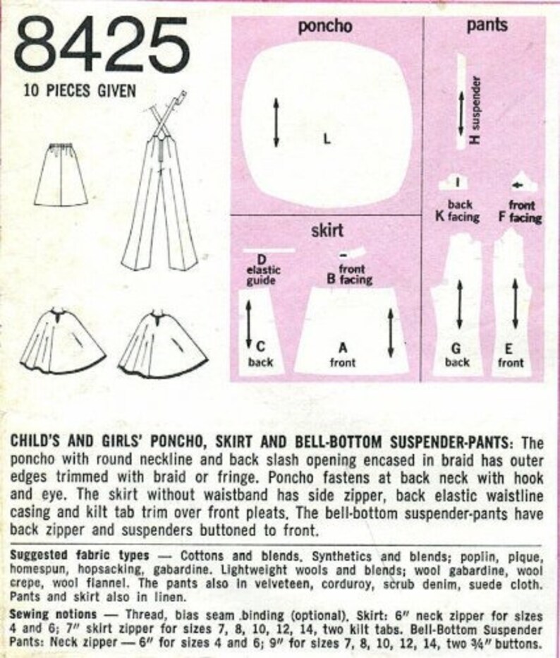 Vintage 1970s Girls Poncho Cape, Skirt and Bell Bottom Pants With Attached Suspenders Sewing ...