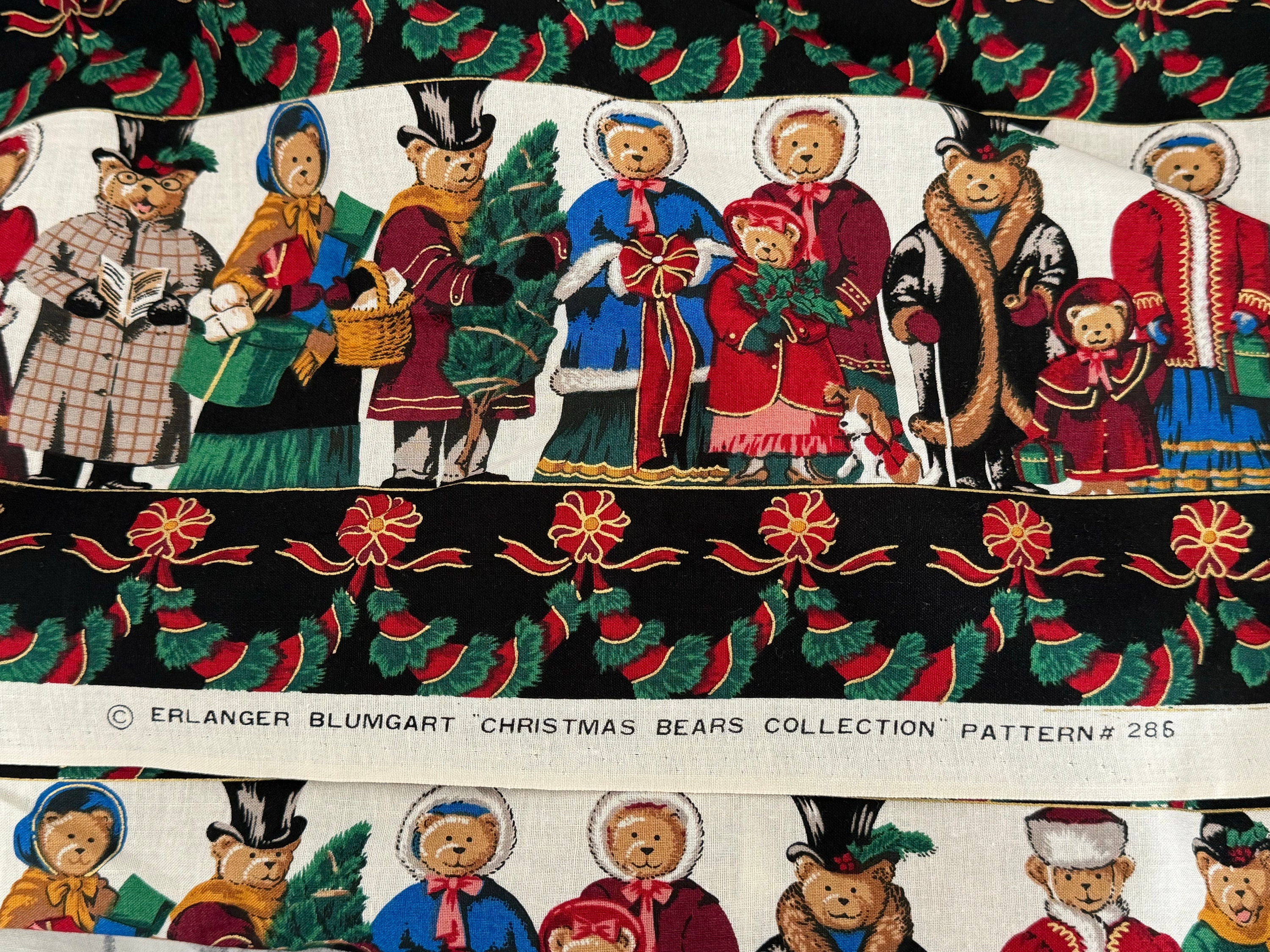 Caroler Christmas Bears Border Stripe Fabric With Draped Garland ...