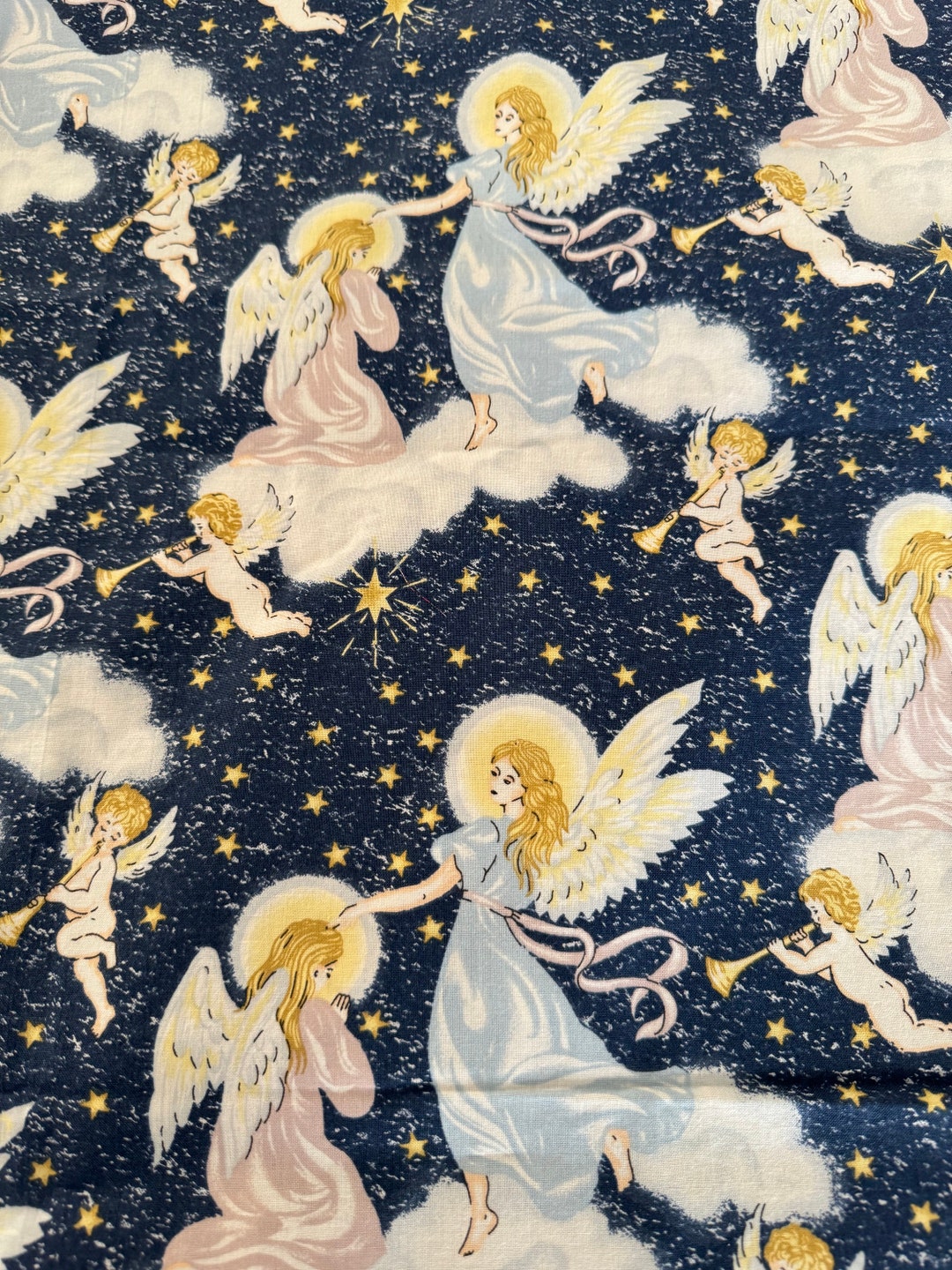 Angel Cotton Fabric Christmas Angels Gold Stars Horns Navy Blue Night ...