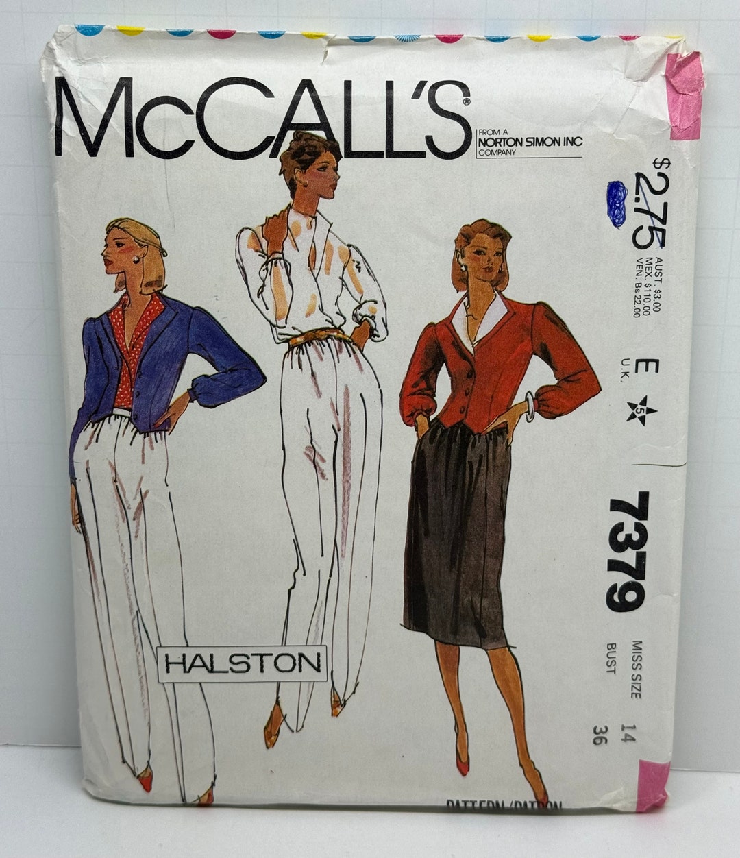 Mccall’s 7379 Halston Designer Misses Suit Pantsuit Sewing Pattern Blazer Jacket Skirt Pants ...