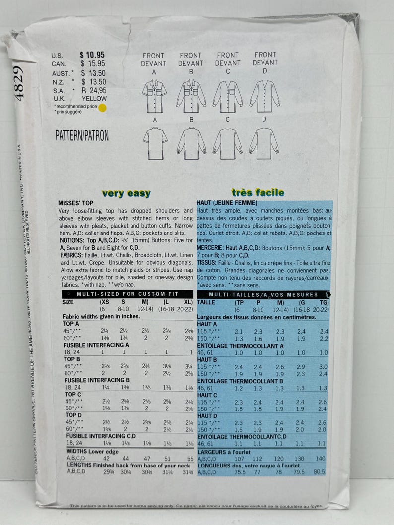 Butterick 4829 Misses Oversized Blouse Top Sewing Pattern Sizes XS ...