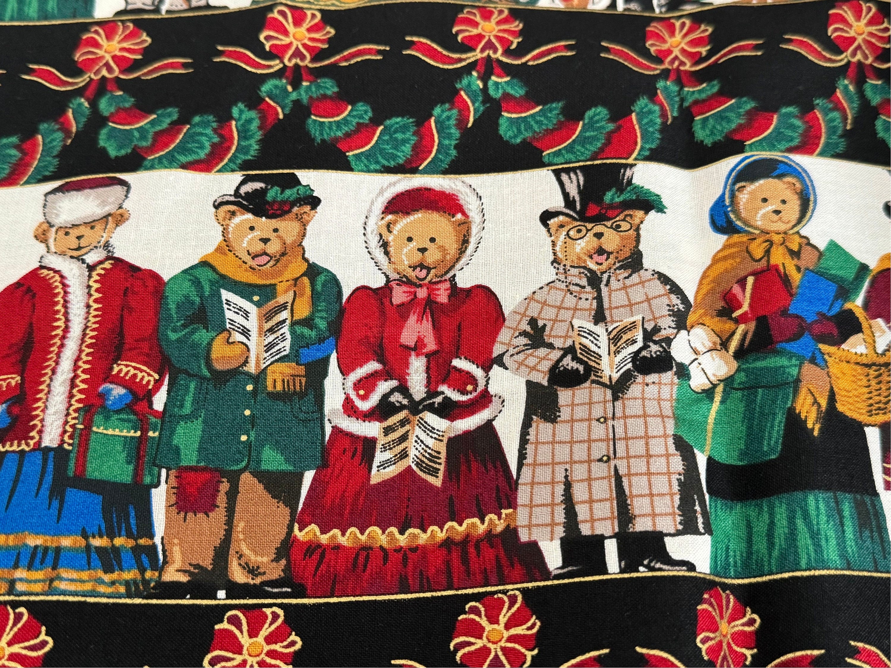 Caroler Christmas Bears Border Stripe Fabric With Draped Garland ...