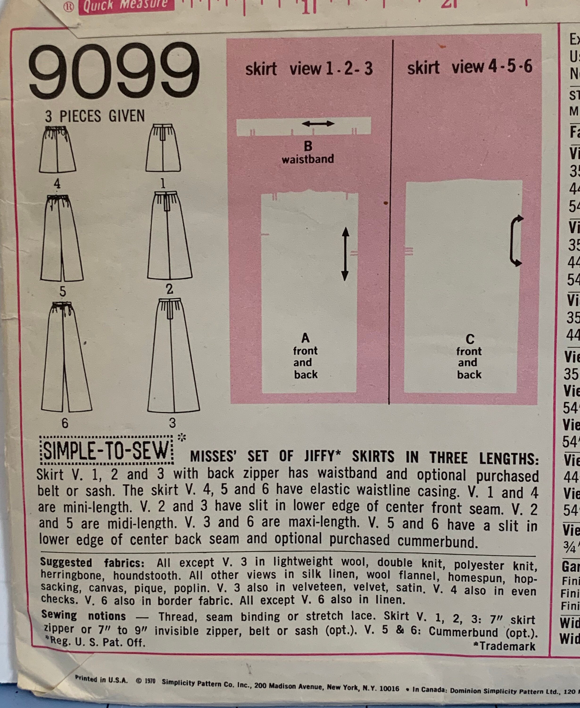 Vintage Simplicity 9099 1970s Jiffy Skirts 6 Styles Long Short - Etsy