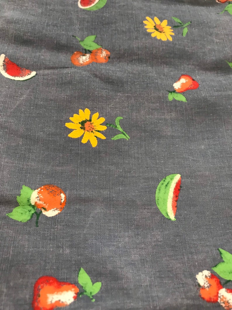 Vintage Blue Fruit & Flowers Acetate Apparel Fabric Watermelon Pears ...