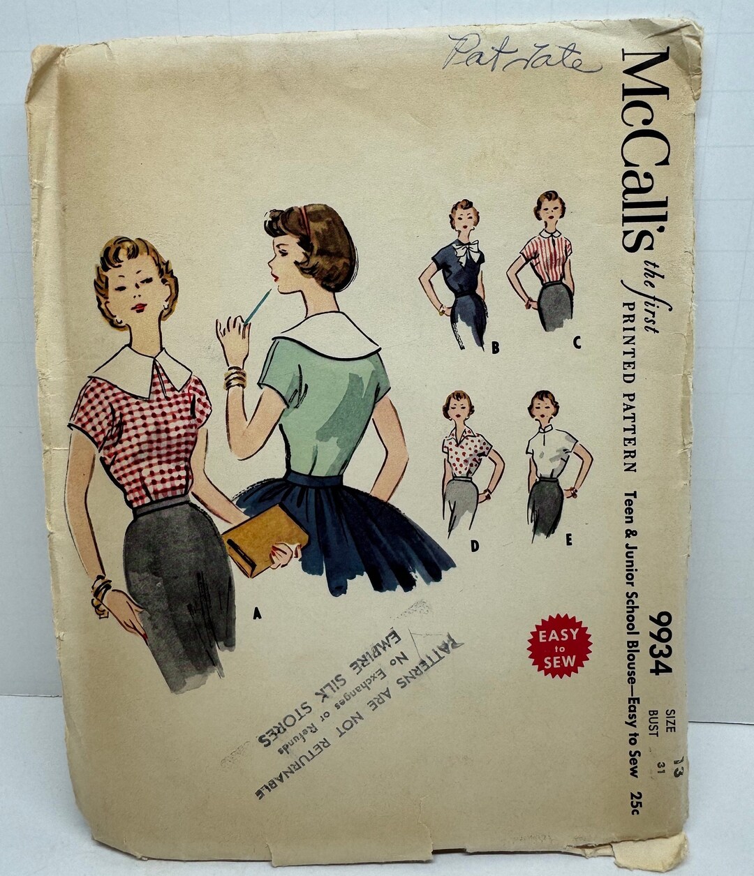 Junior Miss Fitted Blouses Blouse Sewing Pattern Mccall’s 9934 Pilgrim ...