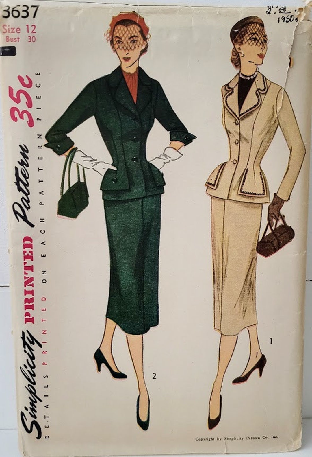 VTG Simplicity 3637 1950's Wiggle Suit Two-piece Dress Sewing Pattern ...