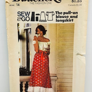 Butterick 3655 Vintage 1970s off Shoulder Neckline Peasant Blouse and Long Skirt Maxiskirt ...