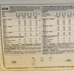 Mccall’s 3538 Sewing Pattern Sizes Misses Pants and Shorts Sewing ...