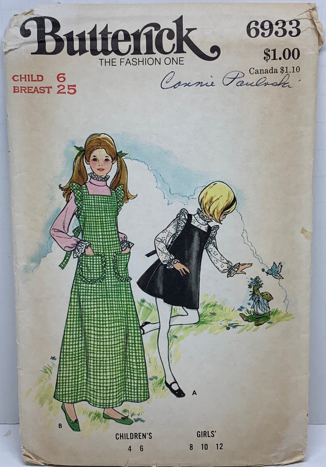 Vintage 70s Girl’s Pinafore Jumper Dress Sewing Pattern Butterick 6933 ...