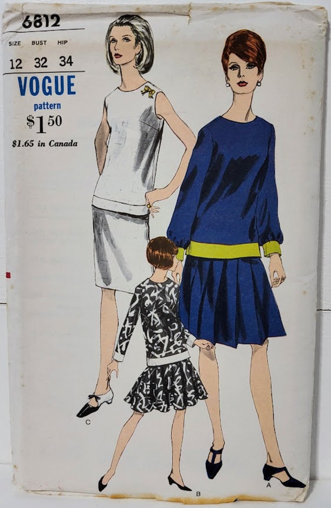 Vintage 1960s Vogue 6812 Two-piece Dress Sewing Pattern Top and Skirt ...