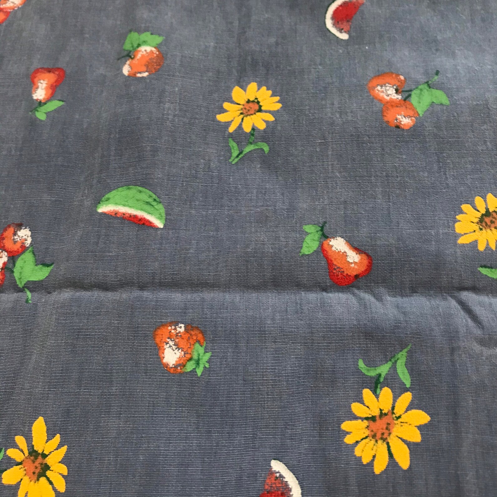 Vintage Blue Fruit & Flowers Acetate Apparel Fabric Watermelon Pears ...