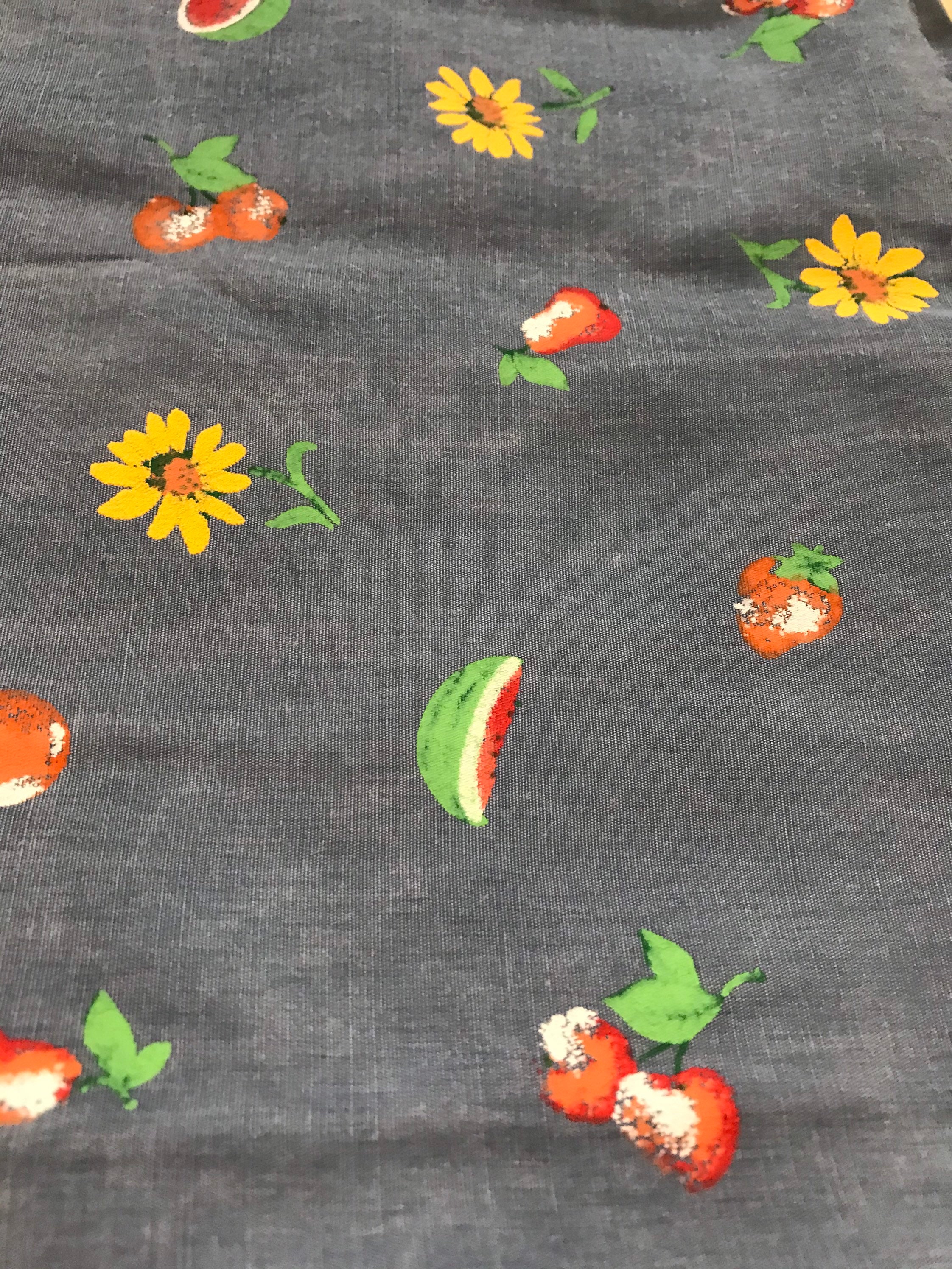 Vintage Blue Fruit & Flowers Acetate Apparel Fabric Watermelon Pears ...