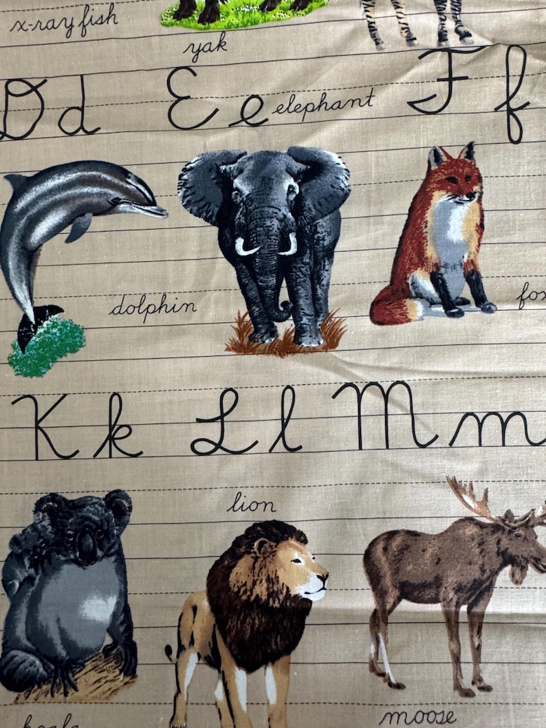 Animal Alphabet Cotton Fabric Shamash & Sons Elephant Giraffe Tiger ...