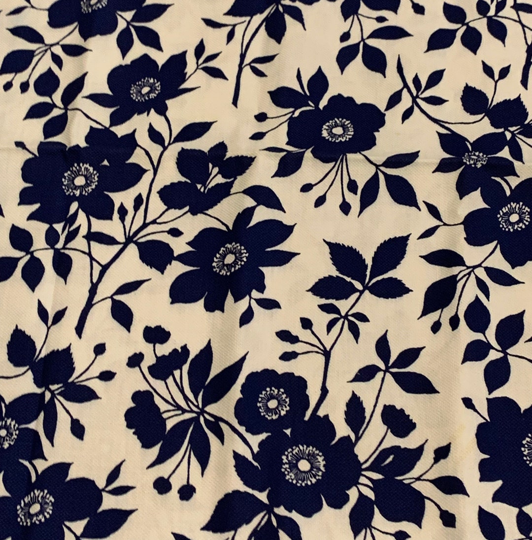 Vintage Navy Blue Flowers on White Cotton Weave Fabric 43 W X 42 L ...