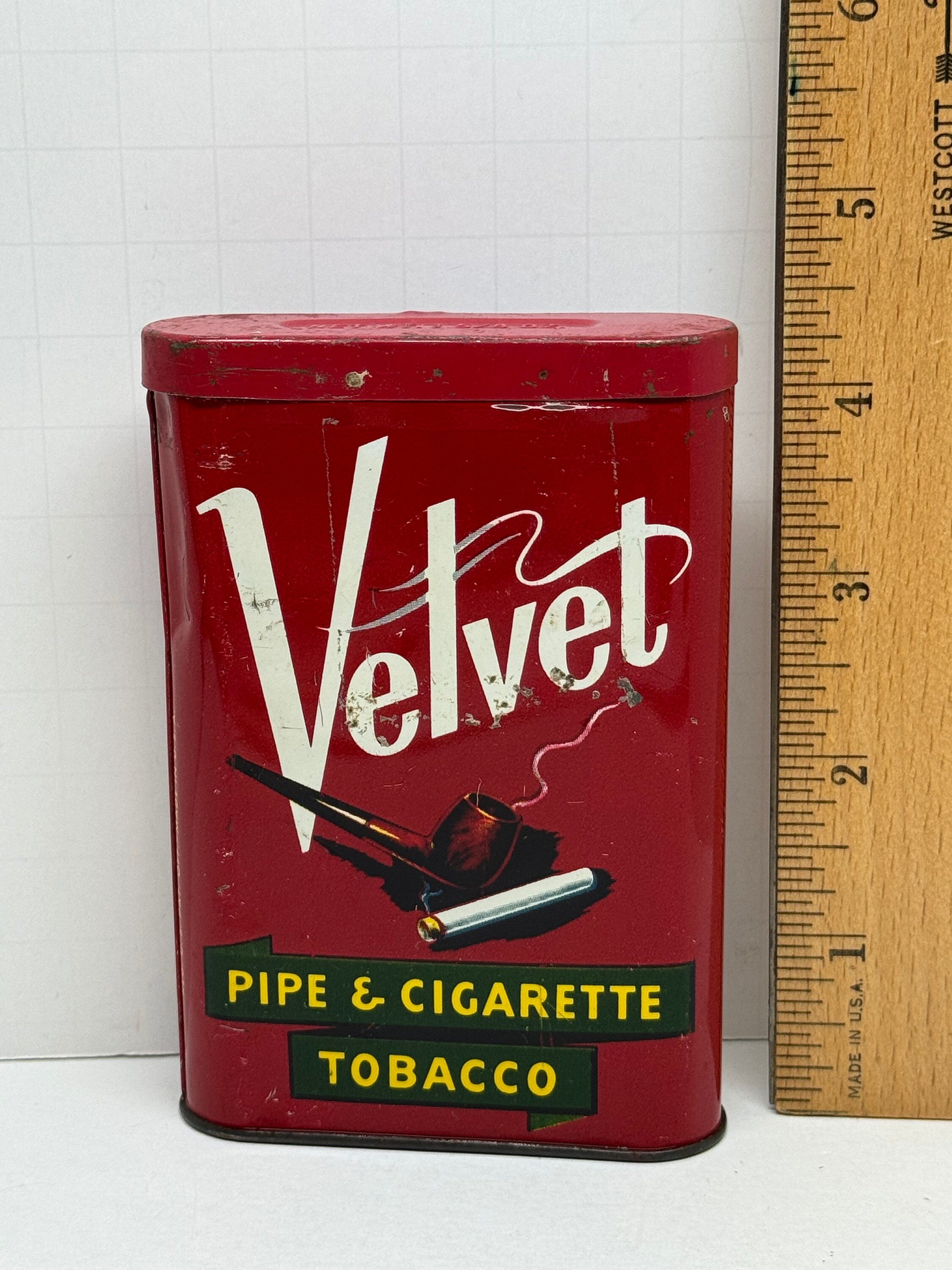Vintage 1970s Velvet Pipe & Cigarette Tobacco Tin Red Smoking ...