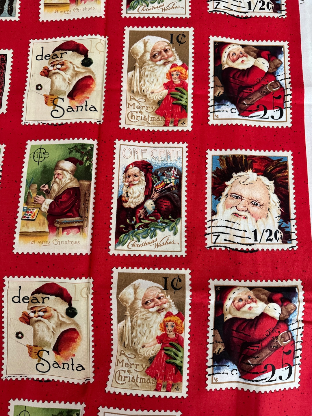 Red Christmas Postage Stamp Fabric Cotton Sttamps Tidings of Great Joy ...