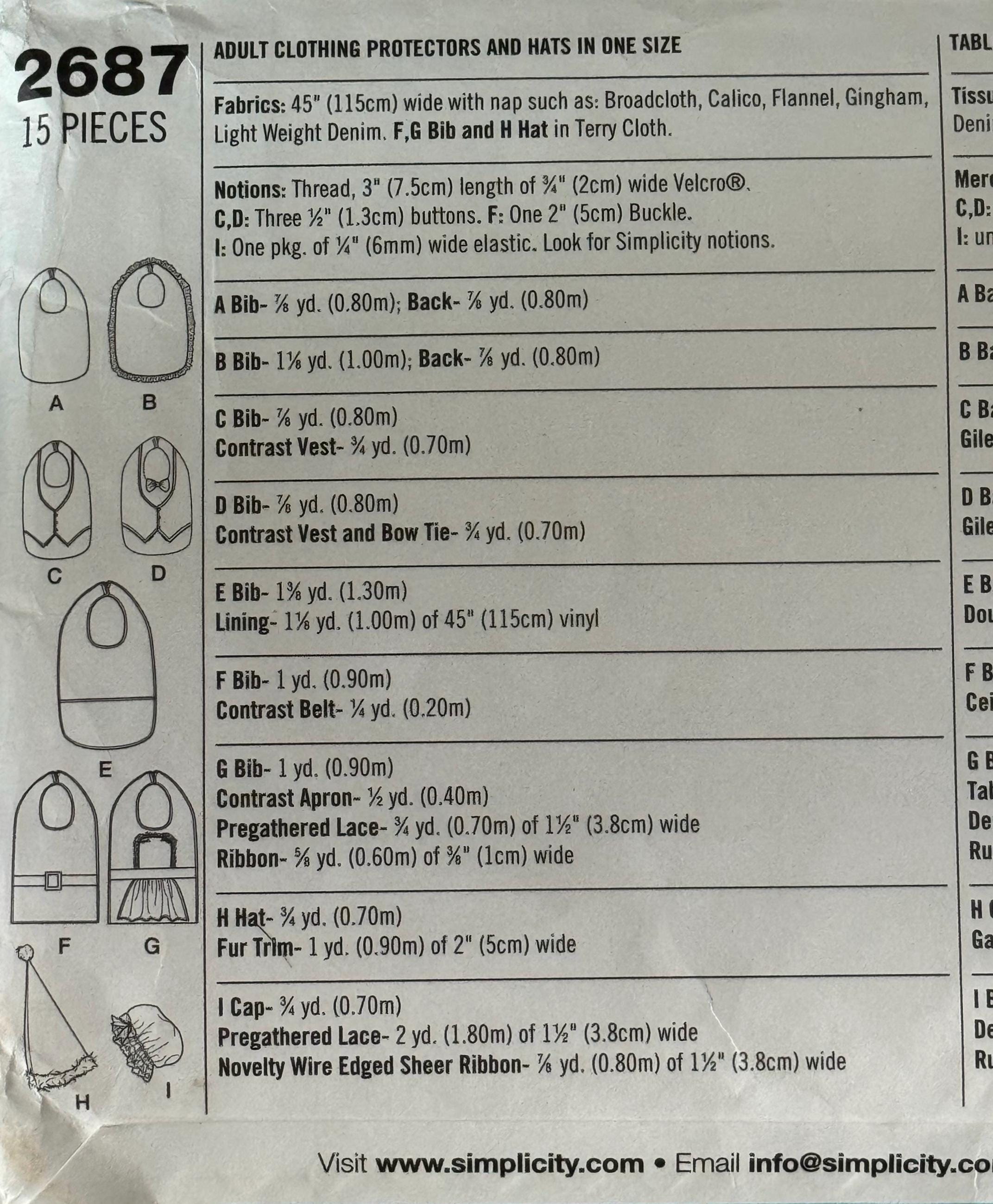 Simplicity 2687 Sewing Pattern Unisex Adult Bibs Bib Clothing ...