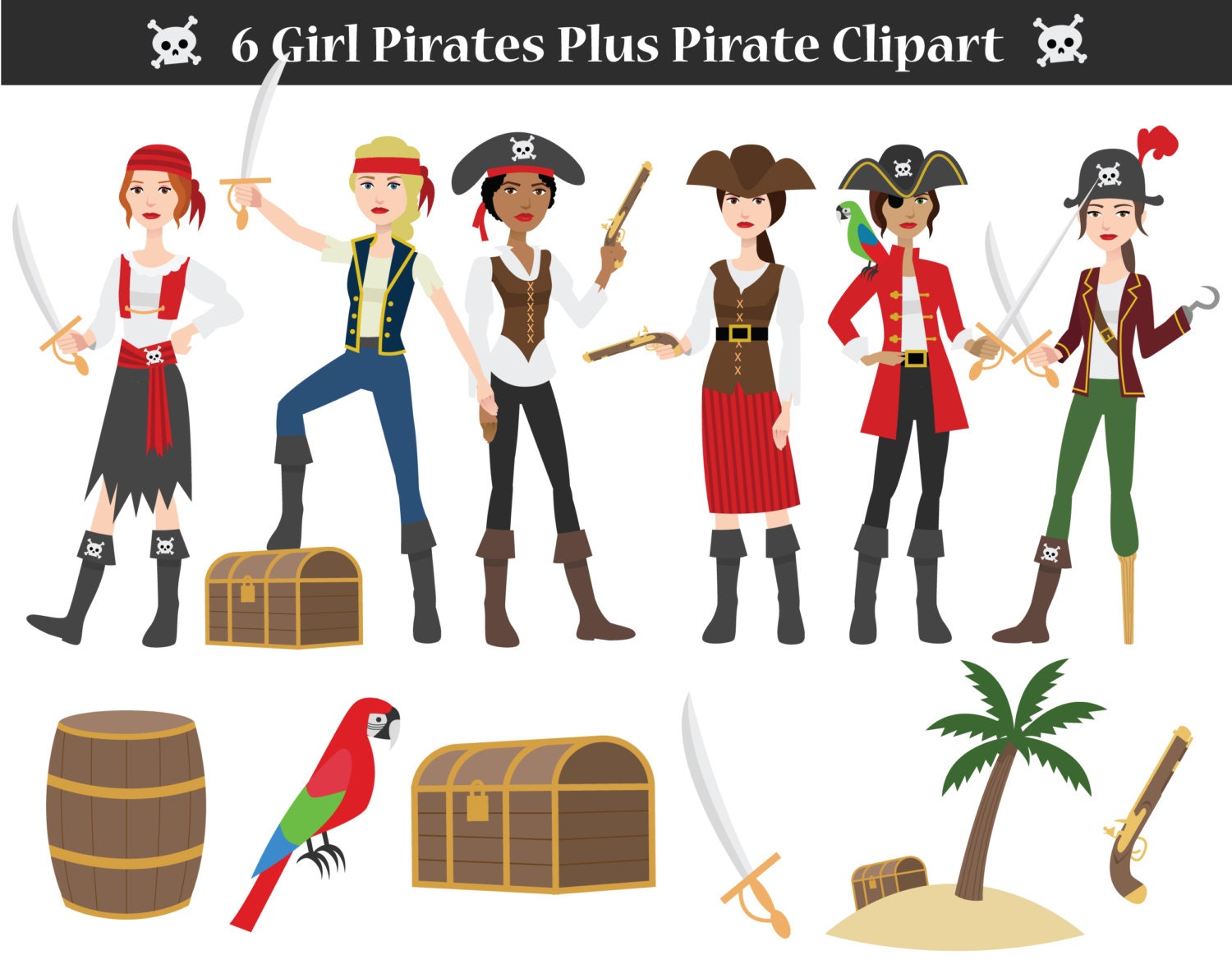 6 Pirate Girls Plus Pirate Clip Art in Vector Format Digital Clipart - Etsy