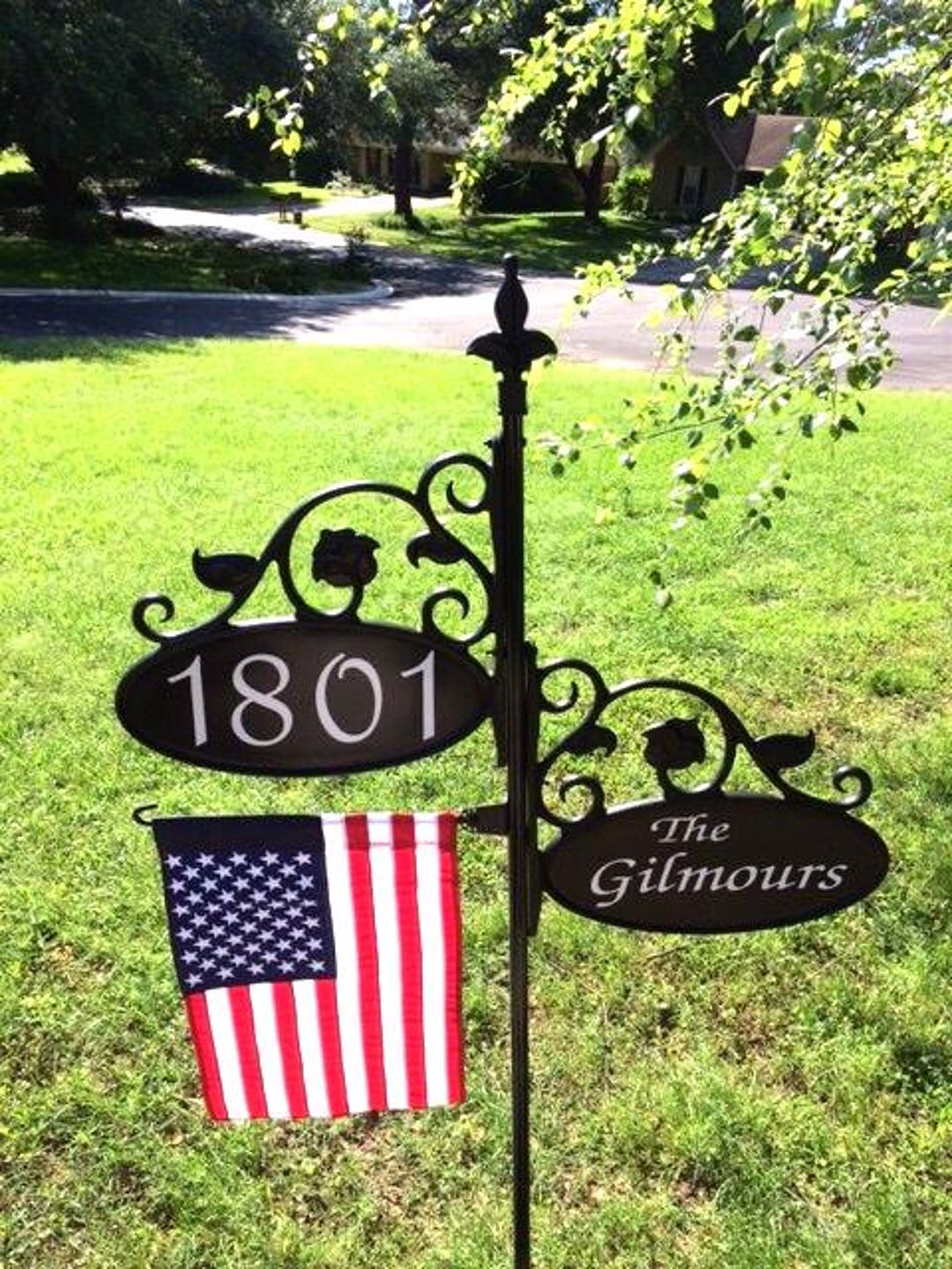 Park Ave Double Address Yard Sign With Name and American Flag on 58 ...