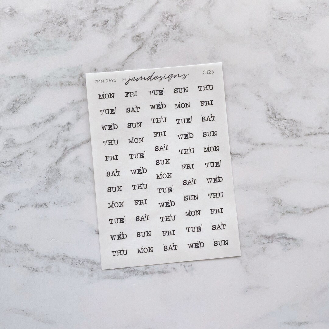 CLEAR 7mm Short Days of the Week Stickers, Stamp Typewriter Font ...