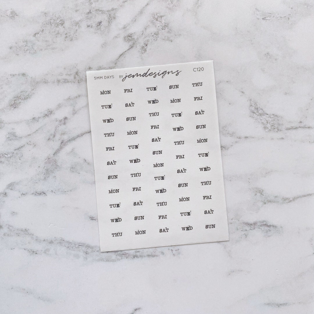 CLEAR 5mm Mini Days of the Week Stickers, Stamp Typewriter Font ...