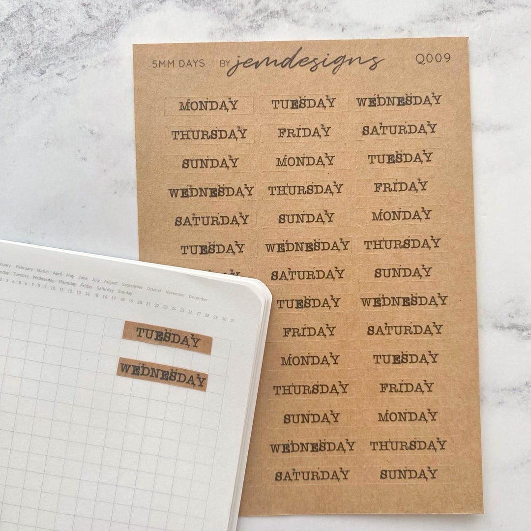 5mm Days of Week Stickers, Typewriter Font, Kraft Brown Functional ...