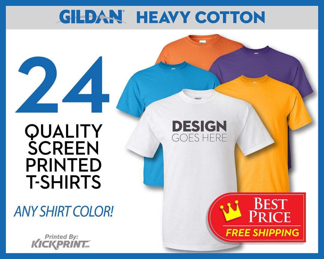 24 Gildan Heavy Cotton Custom Screen Printed T-shirts FREE SHIPPING Low ...