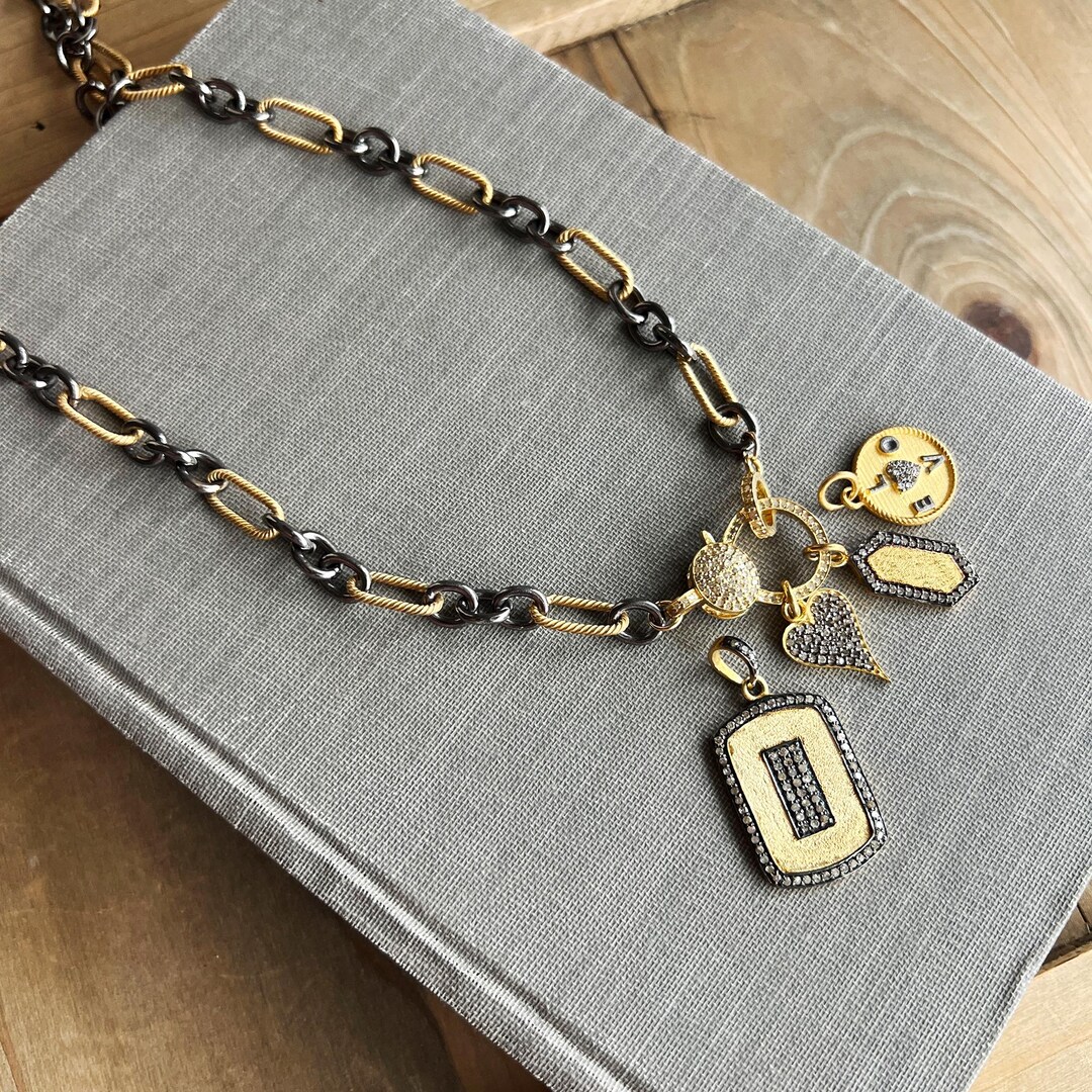 Mixed Metal Pave Diamond Charm Necklace, Sterling Silver Chain - Etsy