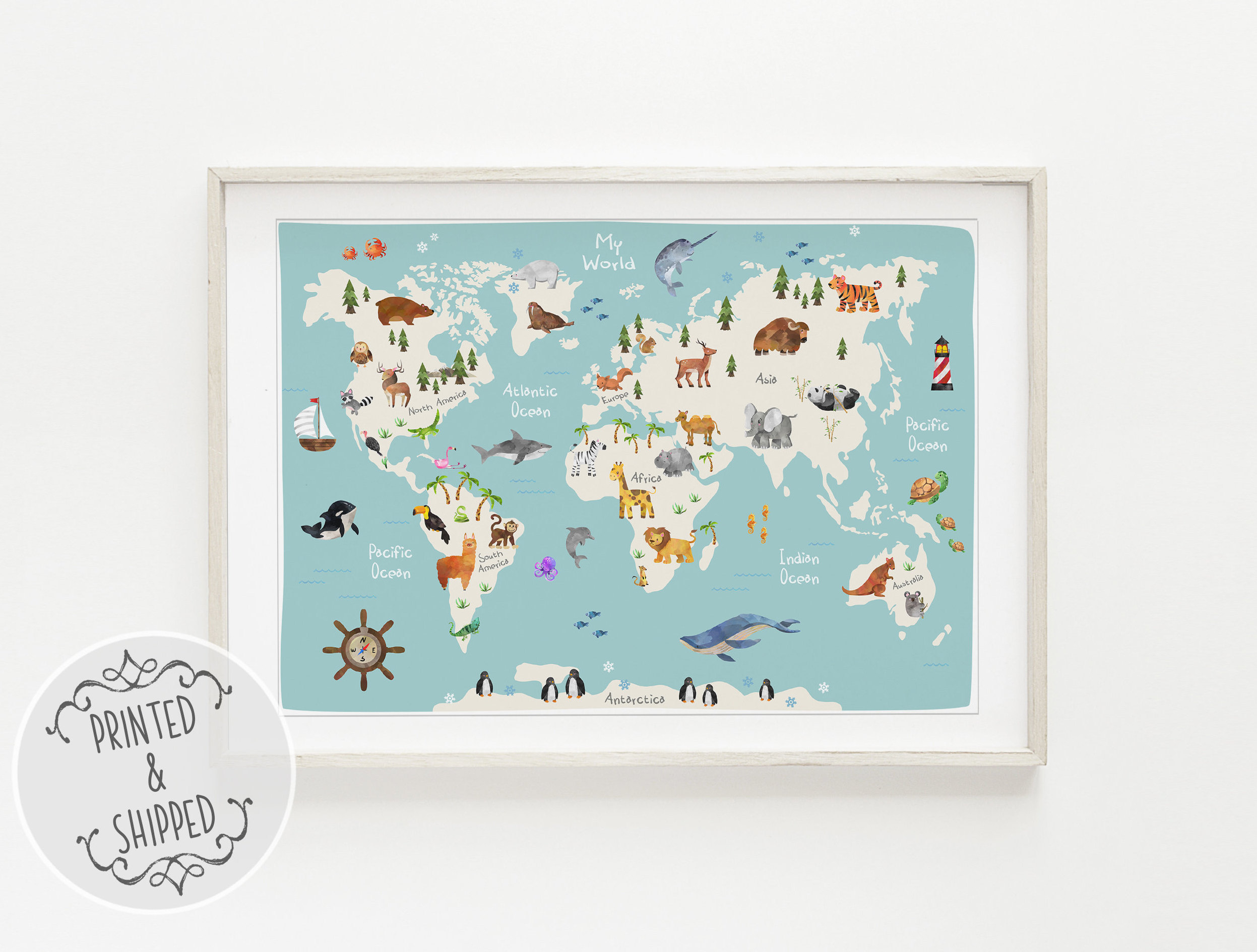 Animal World Map Print - Map Wall Art - Educational Print - Baby Decor ...