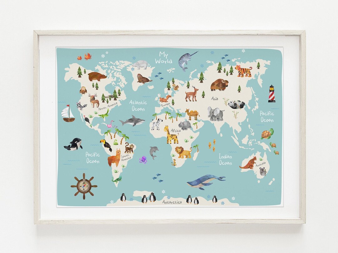 Animal World Map Print - Map Wall Art - Educational Print - Baby Decor ...