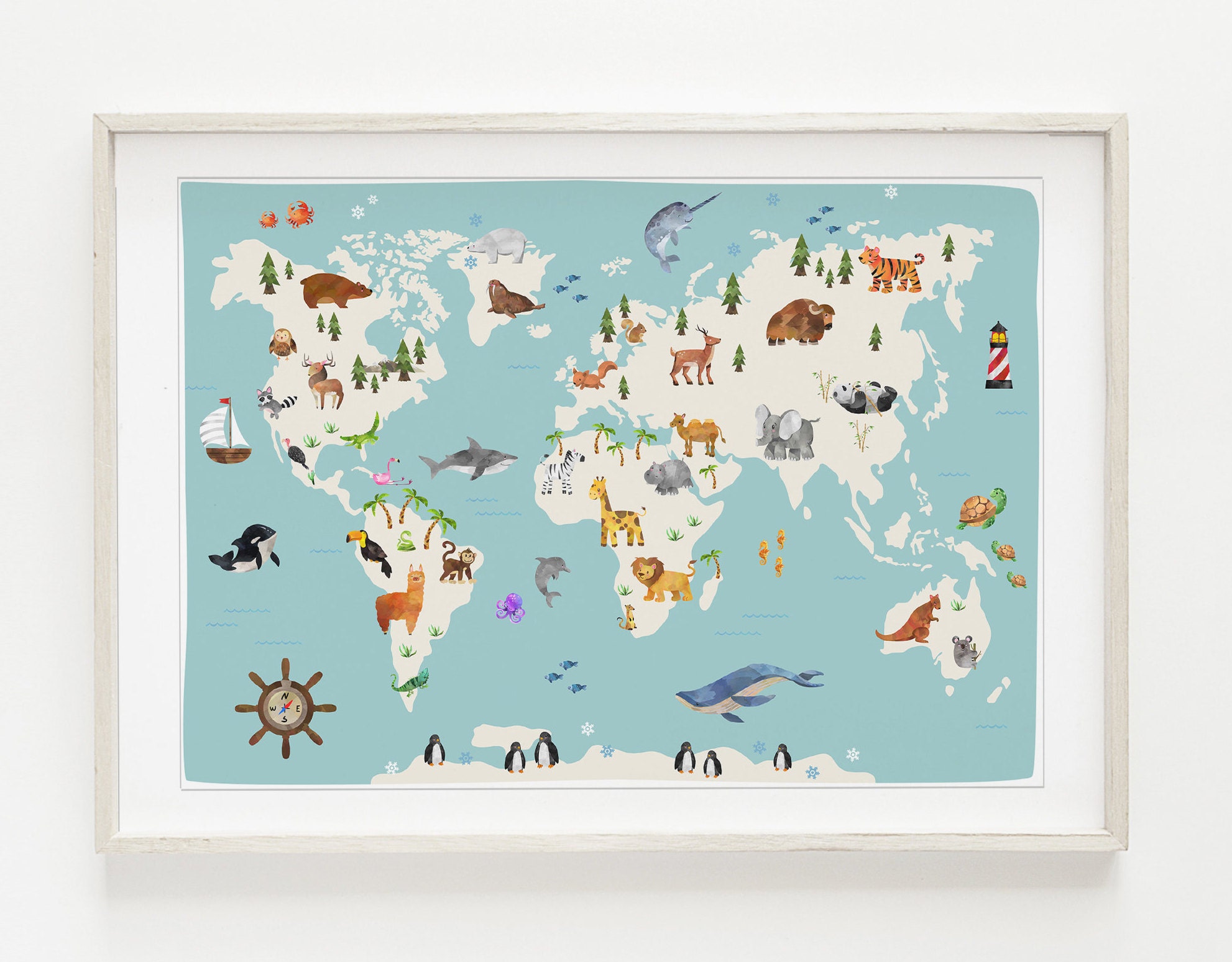 Animal World Map Print - Map Wall Art - Educational Print - Baby Decor ...