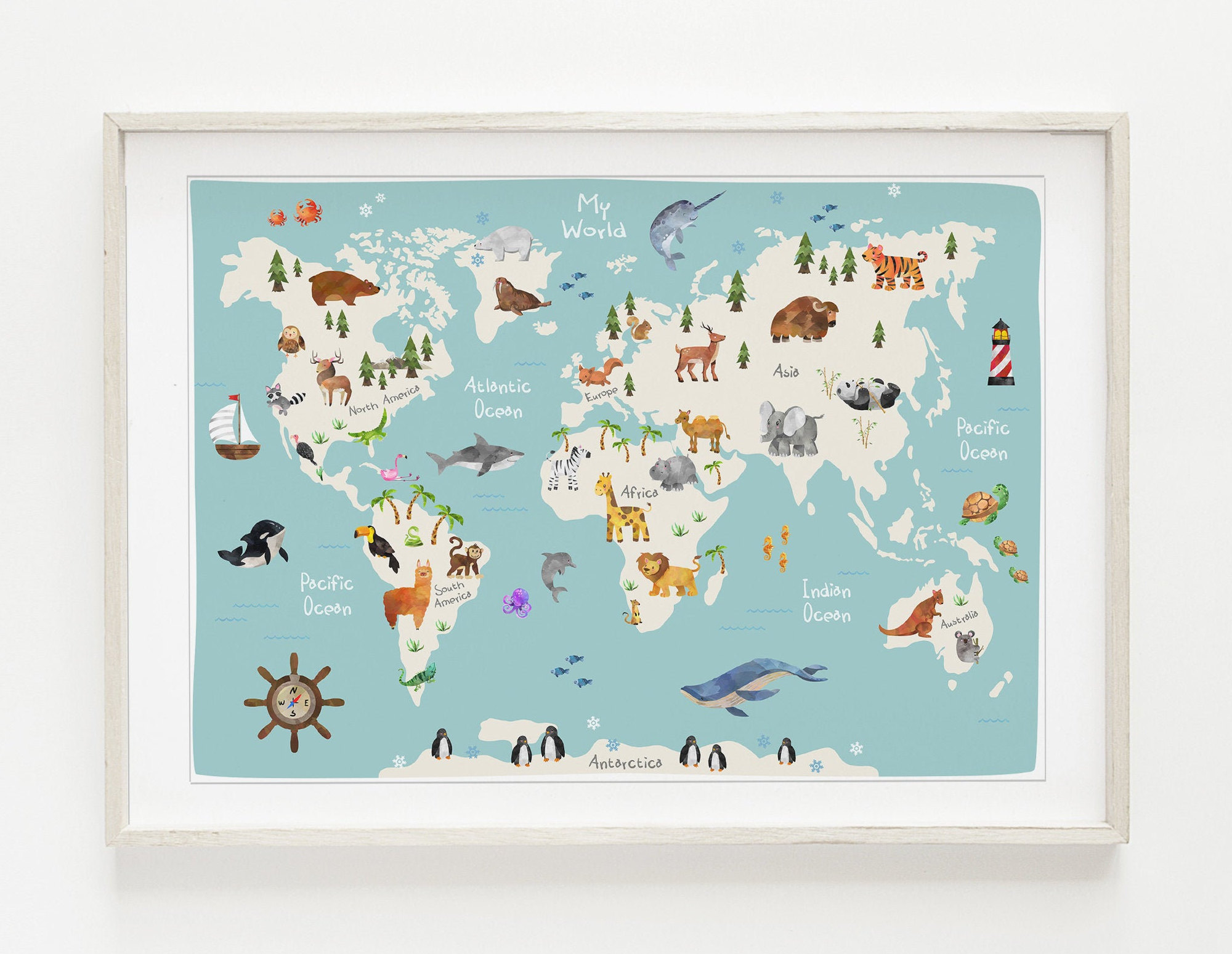 Animal World Map Print - Map Wall Art - Educational Print - Baby Decor ...