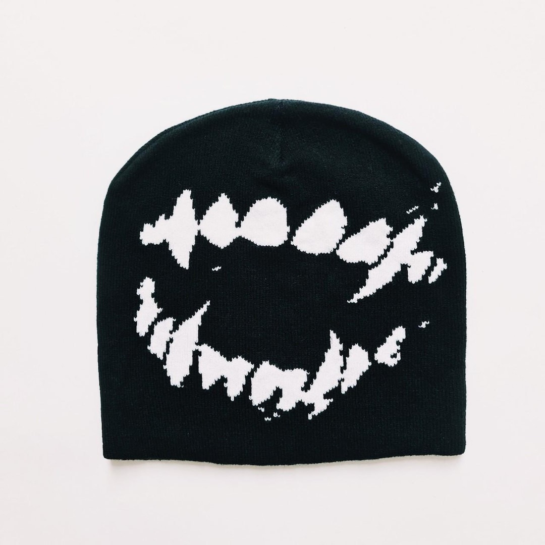 Vintage Brand New Y2K Black & White Teeth Fangs Beanie Hat / Hat ...