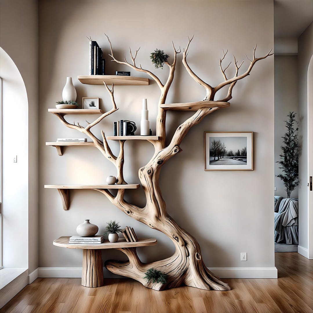 Floating Perennial Tree Branch Bookshelf, Solid Wood Shelf, Wall ...