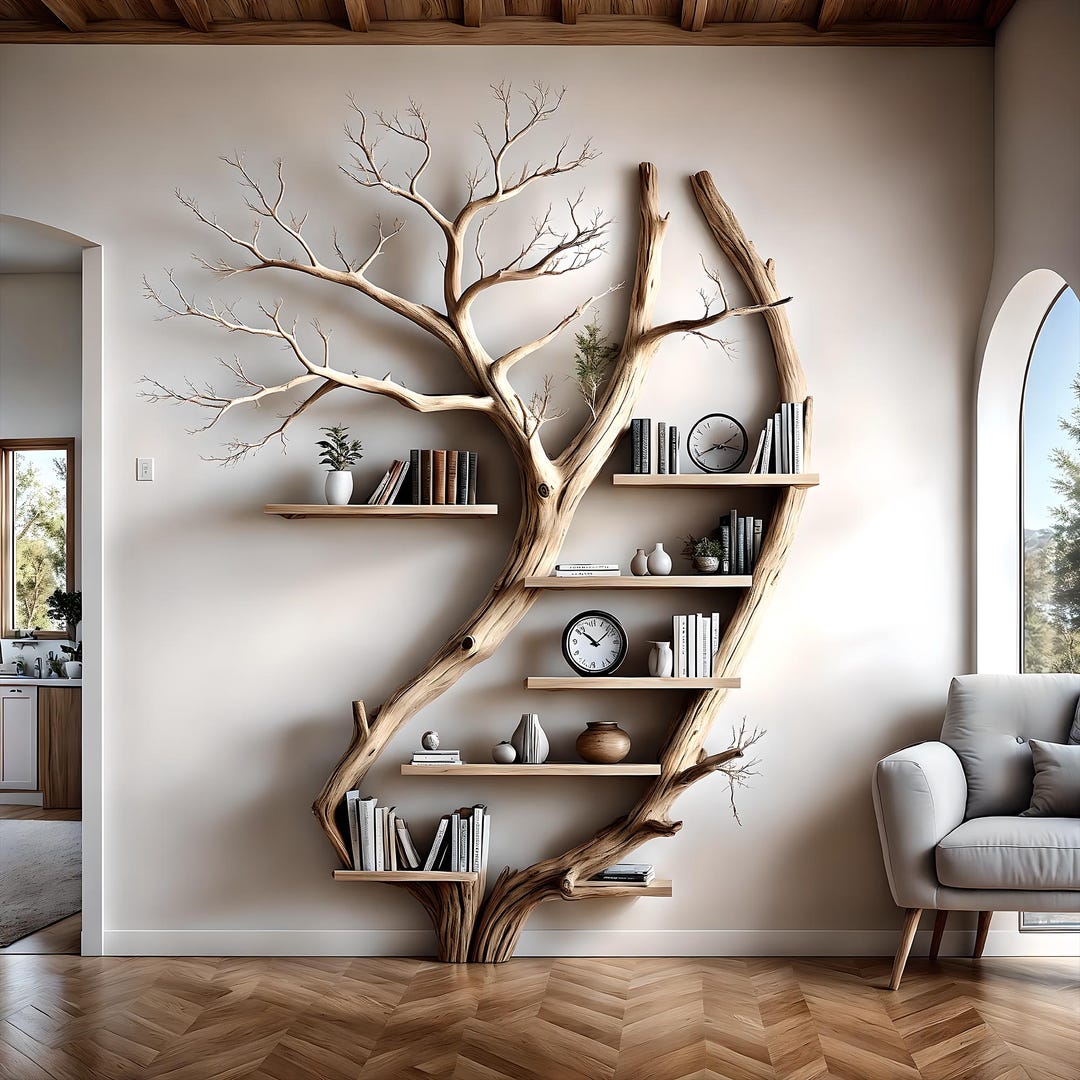 Floating Tree Branches Solid Wood Bookcase Wall Mounted Wooden ...