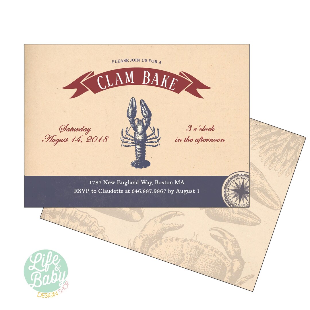 Clam Bake Invitation | Lobster Party Invitation | Crab Invitation - 5x7 ...