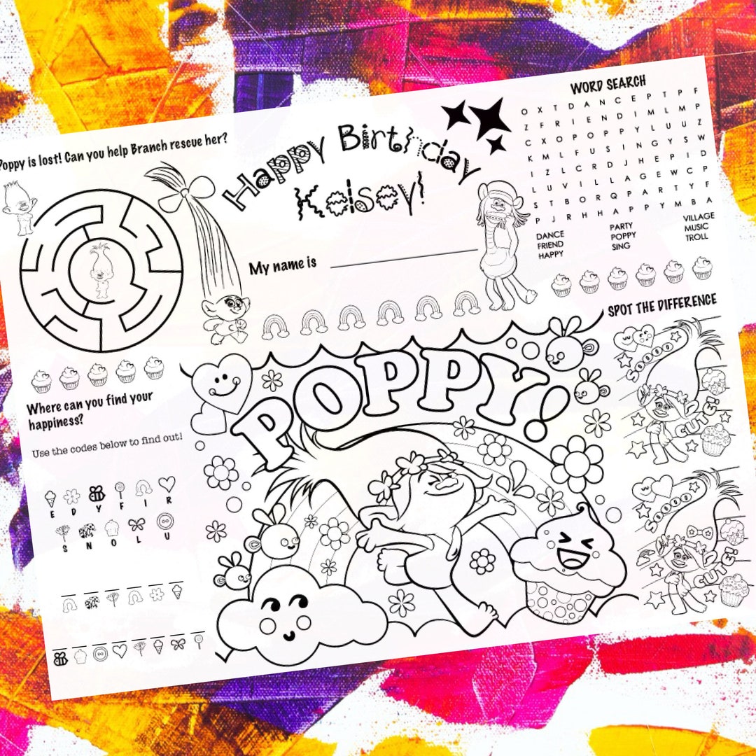 Personalized Rainbow Trolls Color Placemat: Custom Printable Activity ...