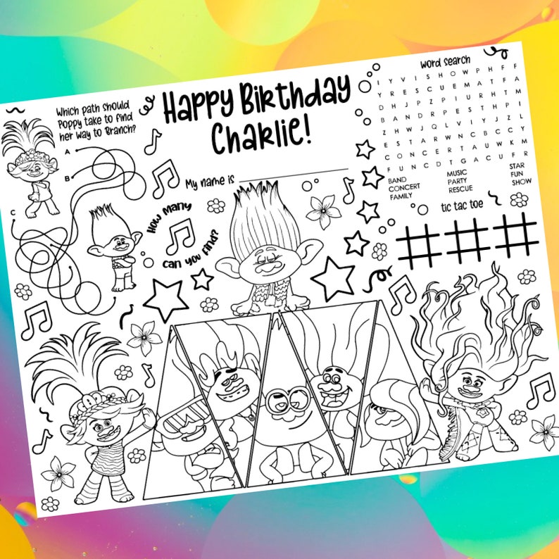 Personalized Trolls Color Placemat: Custom Printable Activity Birthday ...