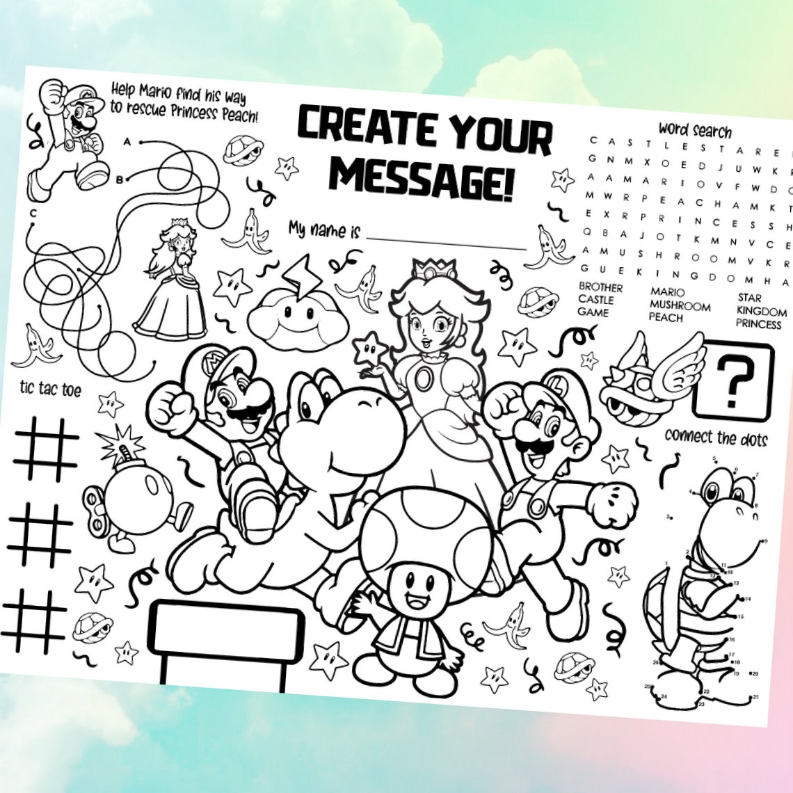 Super Mario Brothers Adventure Coloring Placemat, Personalized ...