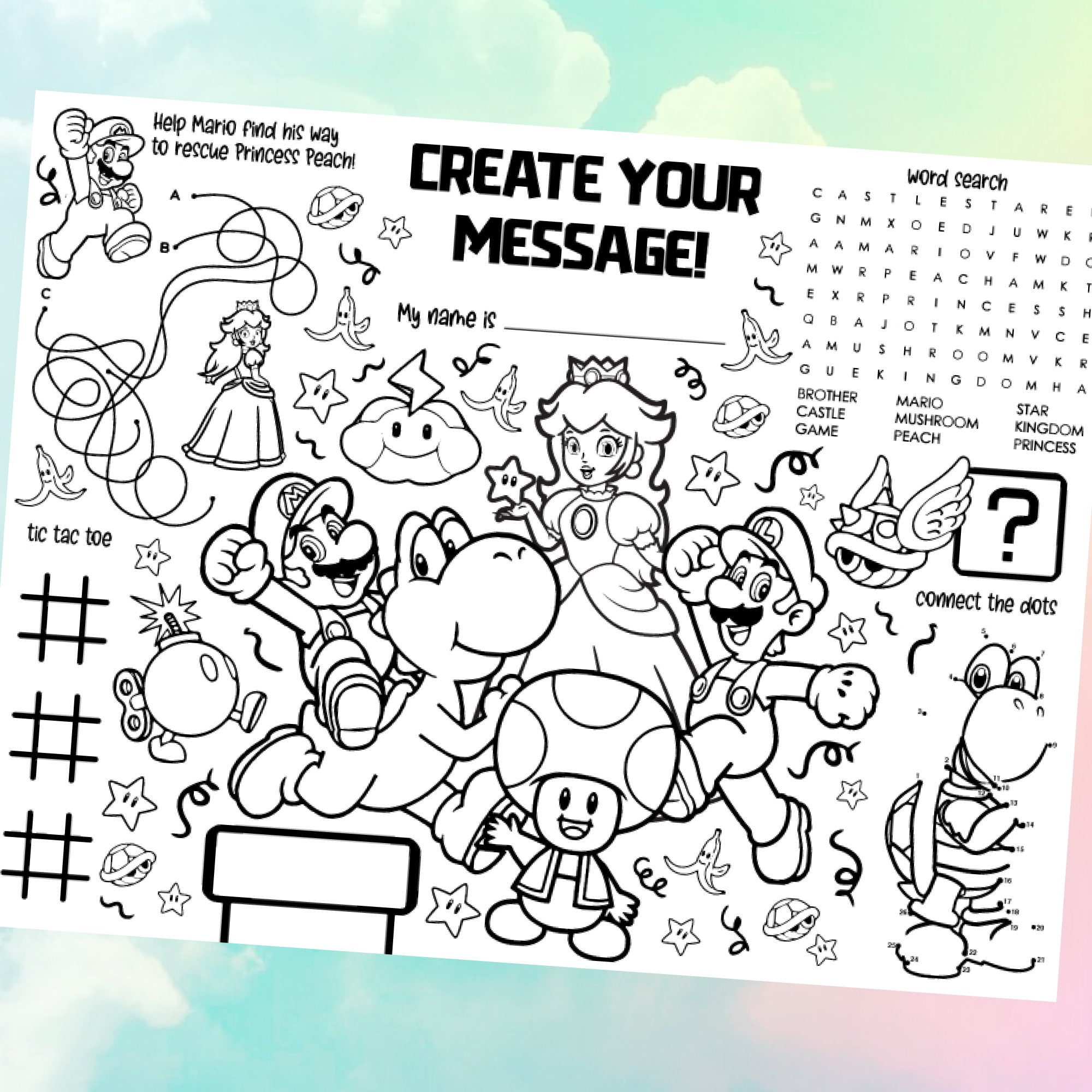 Super Mario Brothers Adventure Coloring Placemat, Personalized ...