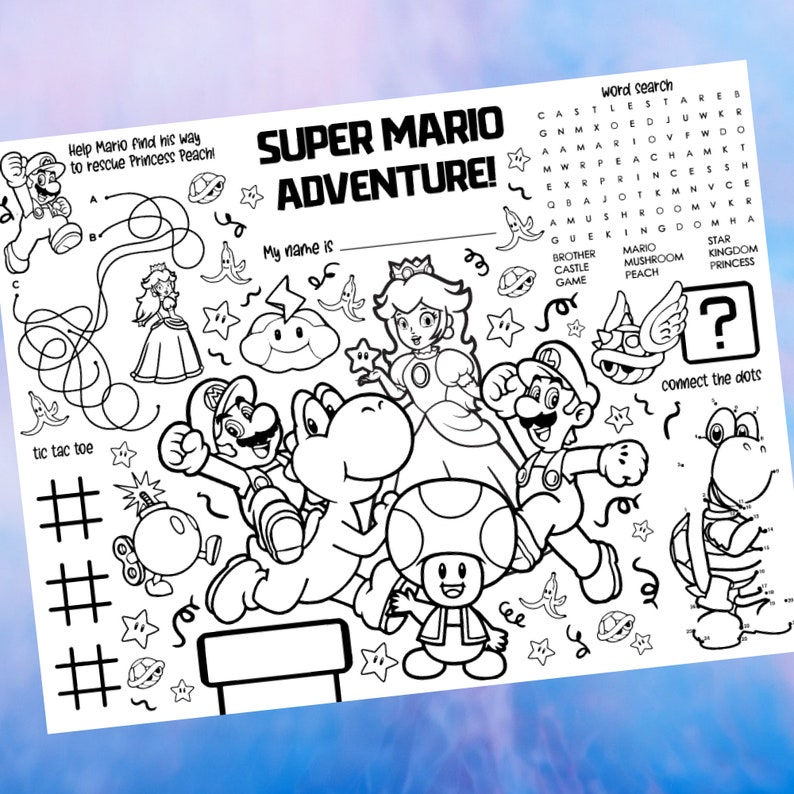 Super Mario Brothers Adventure Coloring Placemat, Personalized ...