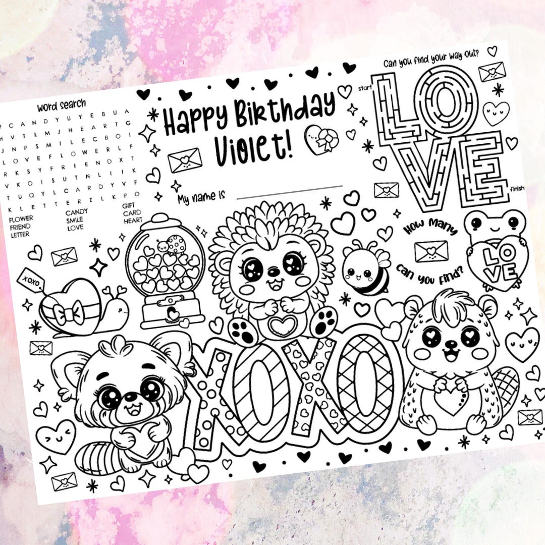 Personalized Love XOXO Animal Color Placemat: Custom Printable Activity ...