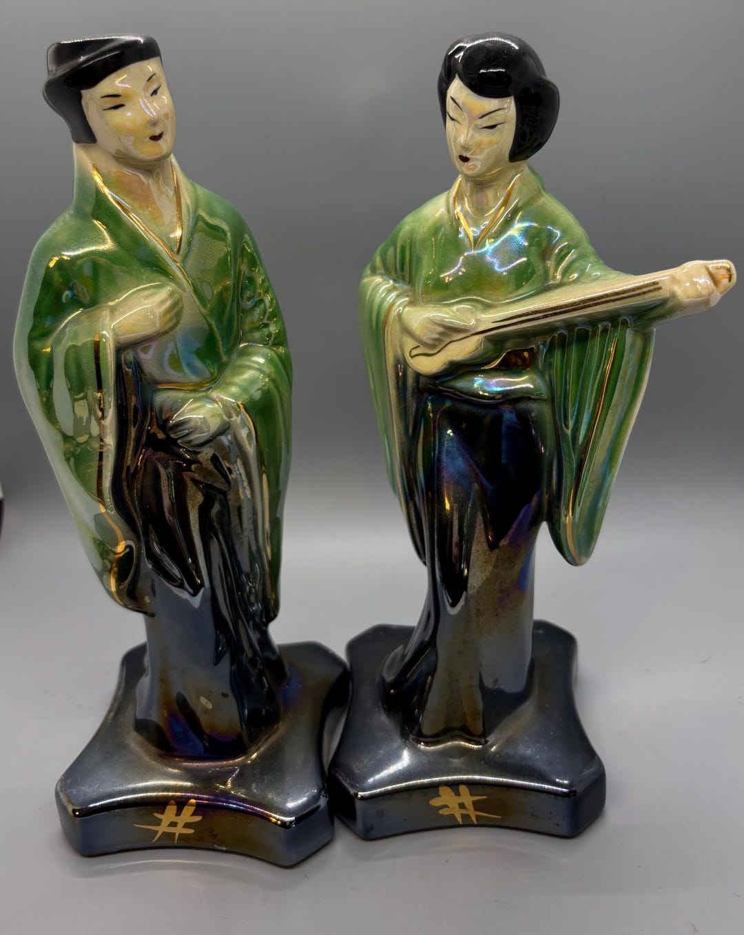 Mid-century Asian Figures Man & Woman Ceramic Lusterware HUNGARY 10 ...