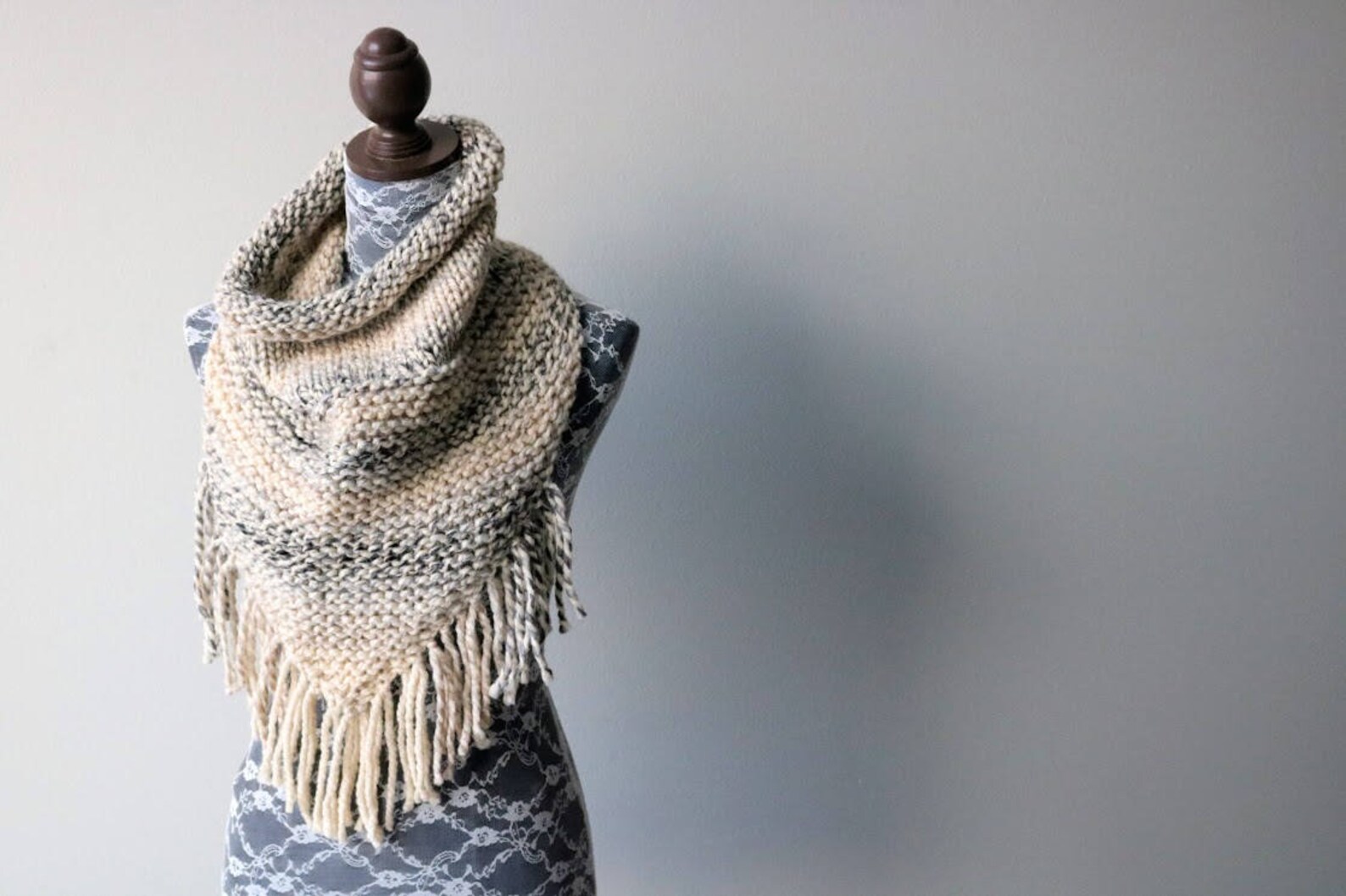 Knitted Knit Triangle Scarf, Triangle Cowl, Bandana Scarf With Fringe ...