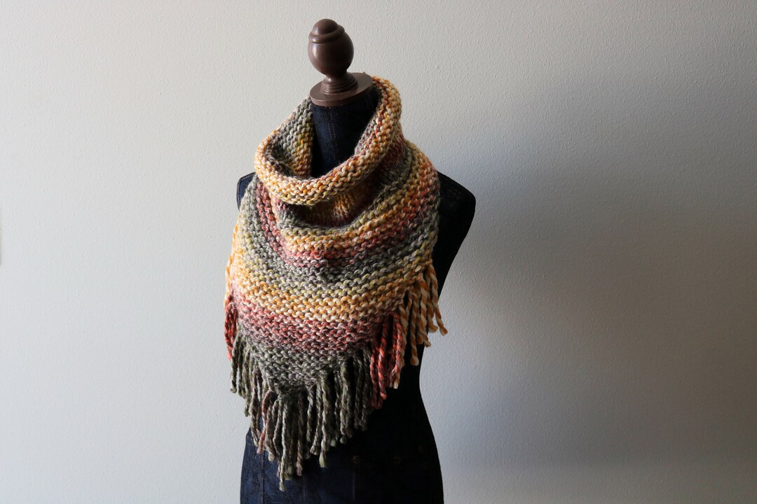 Knitted Knit Triangle Scarf, Triangle Cowl, Bandana Scarf With Fringe ...