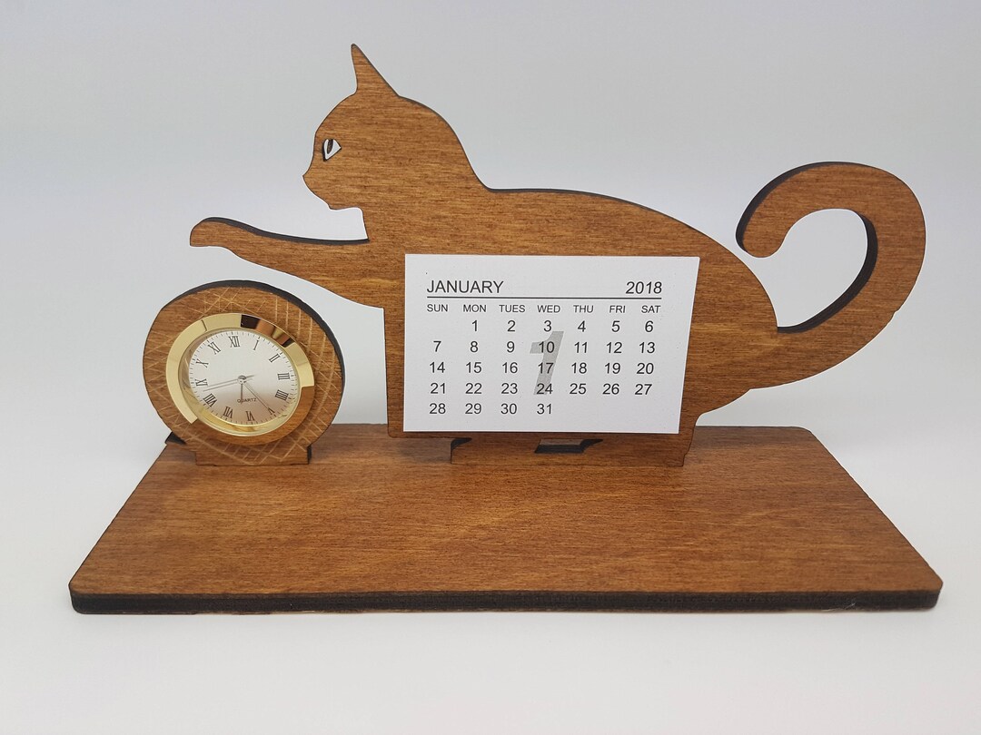 Cat Wooden Desk Calendar With Clock, 2023 Desk Calendar, Working From ...