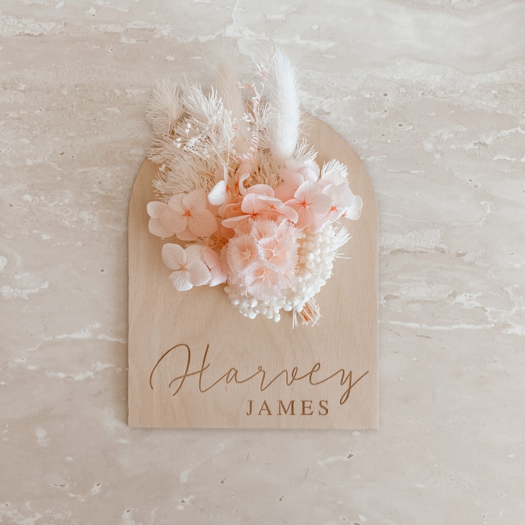 Dried Floral Custom Engraved Baby Name Sign - Wooden Name Announcement ...