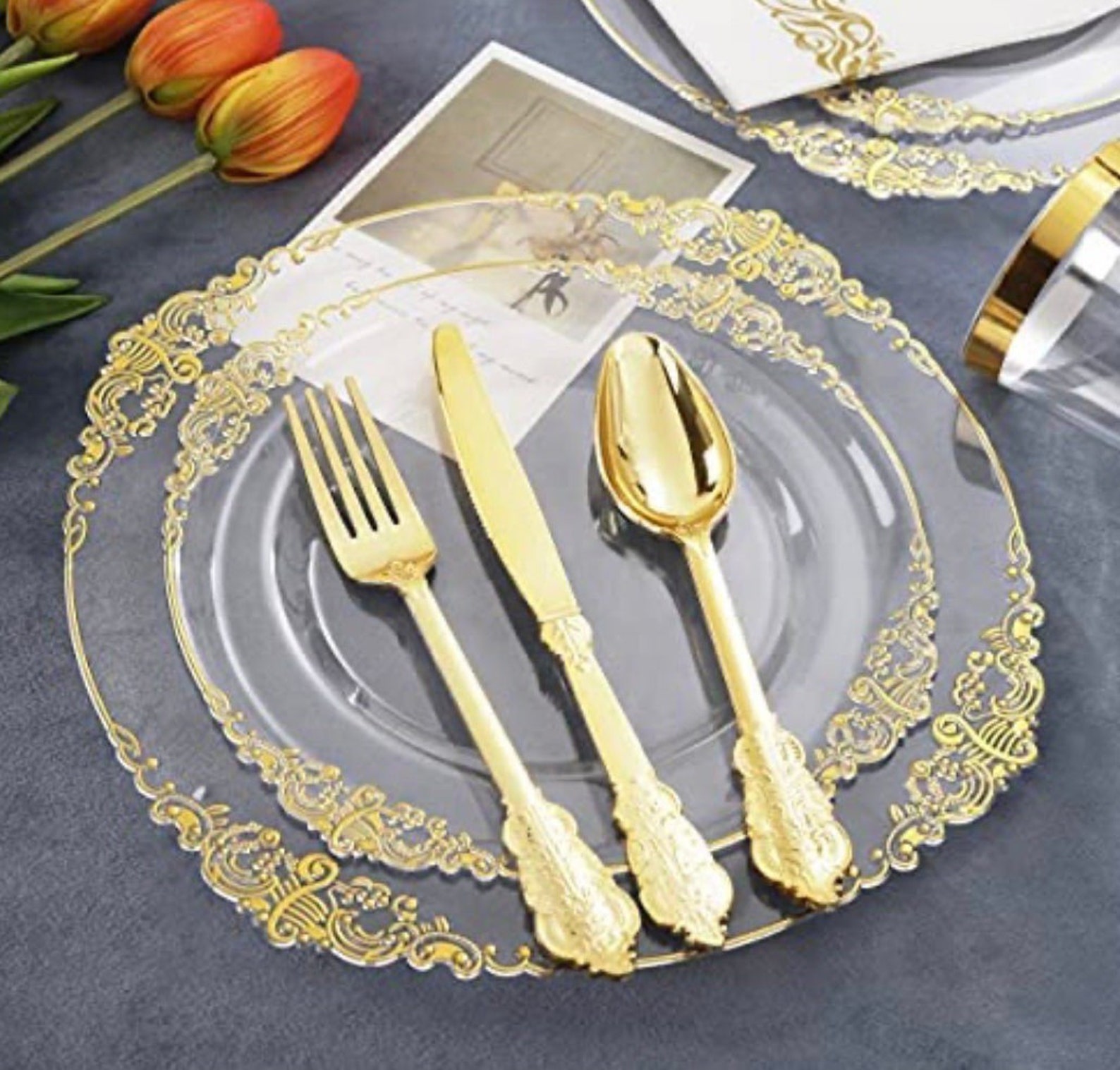 Disposable Plastic Clear and Gold 175 Piece Elegant Pattern - Etsy